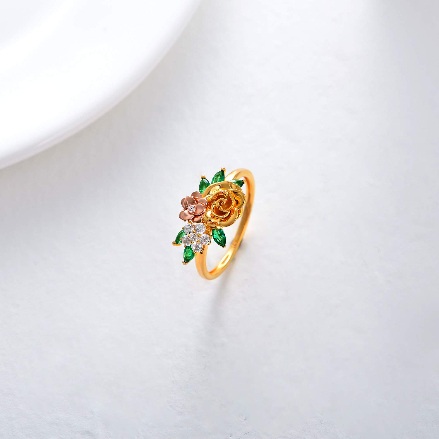 SISGEM 10K Real Gold Rose Flower Leaf Charming Rings for Women,Inlaid Moissanite Three Flower Attractive Ring for Valentine Day,Delicate Birthday Gift for Mom or Wife (10K-Yellow, 6)