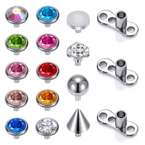 zs 14/15pcs cubic zirconia dermal anchor tops 2mm 3mm 4mm, 14g surgical steel internally threaded dermal anchor base microdermals piercing for women men (set:b)