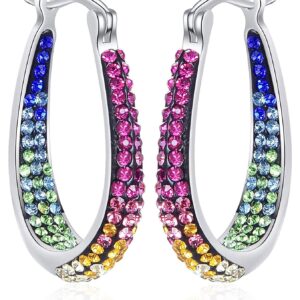 Savlano 14K White Gold Plated Inside Out Crystal Hoop Earrings For Women (Rainbow)