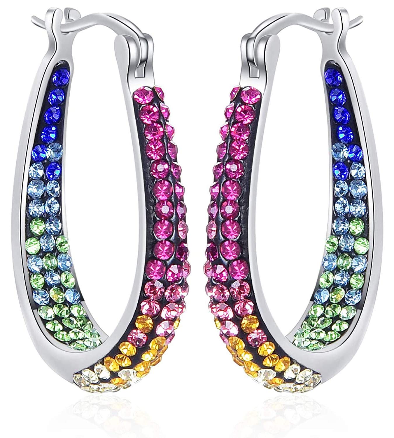 Savlano 14K White Gold Plated Inside Out Crystal Hoop Earrings For Women (Rainbow)