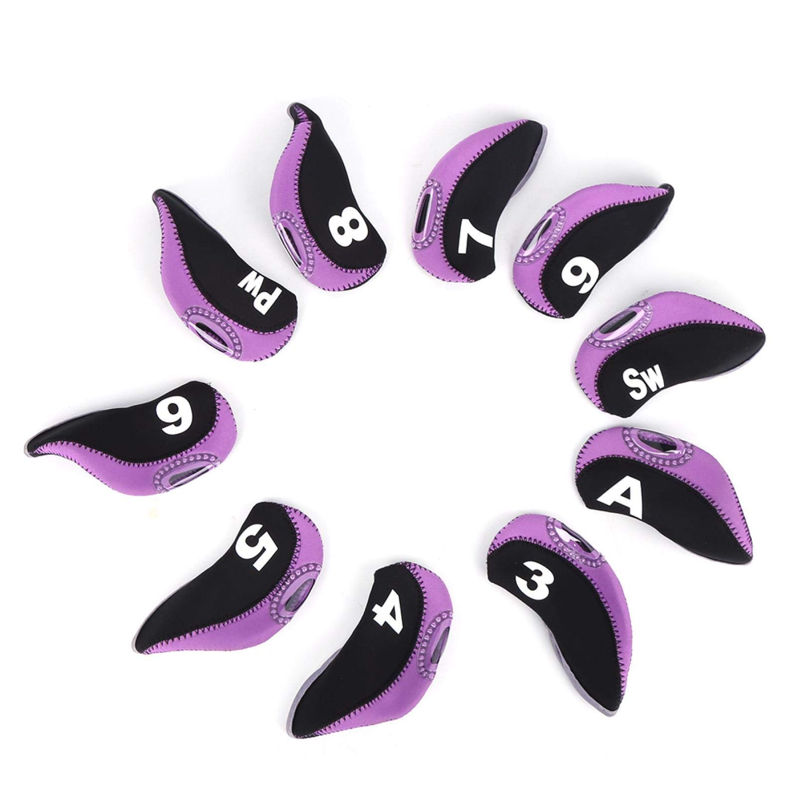 Liukouu Golf Club Iron Head Covers Set, 10Pcs Neoprene Head Cover Black Purple Number Golf Club Irons Covers for Golf Lovers