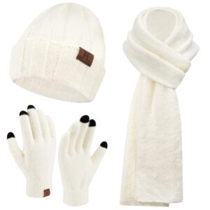 womens winter warm knit beanie hat touchscreen gloves long neck scarf set with fleece lined skull caps gifts for women men white