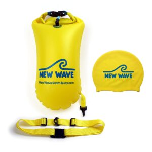 new wave swim buoy & new wave swim cap bundle - swim safety float and drybag for open water swimmers triathletes, open water swim buoy float for safer swim (pvc 15l drybag yellow + silicone cap)