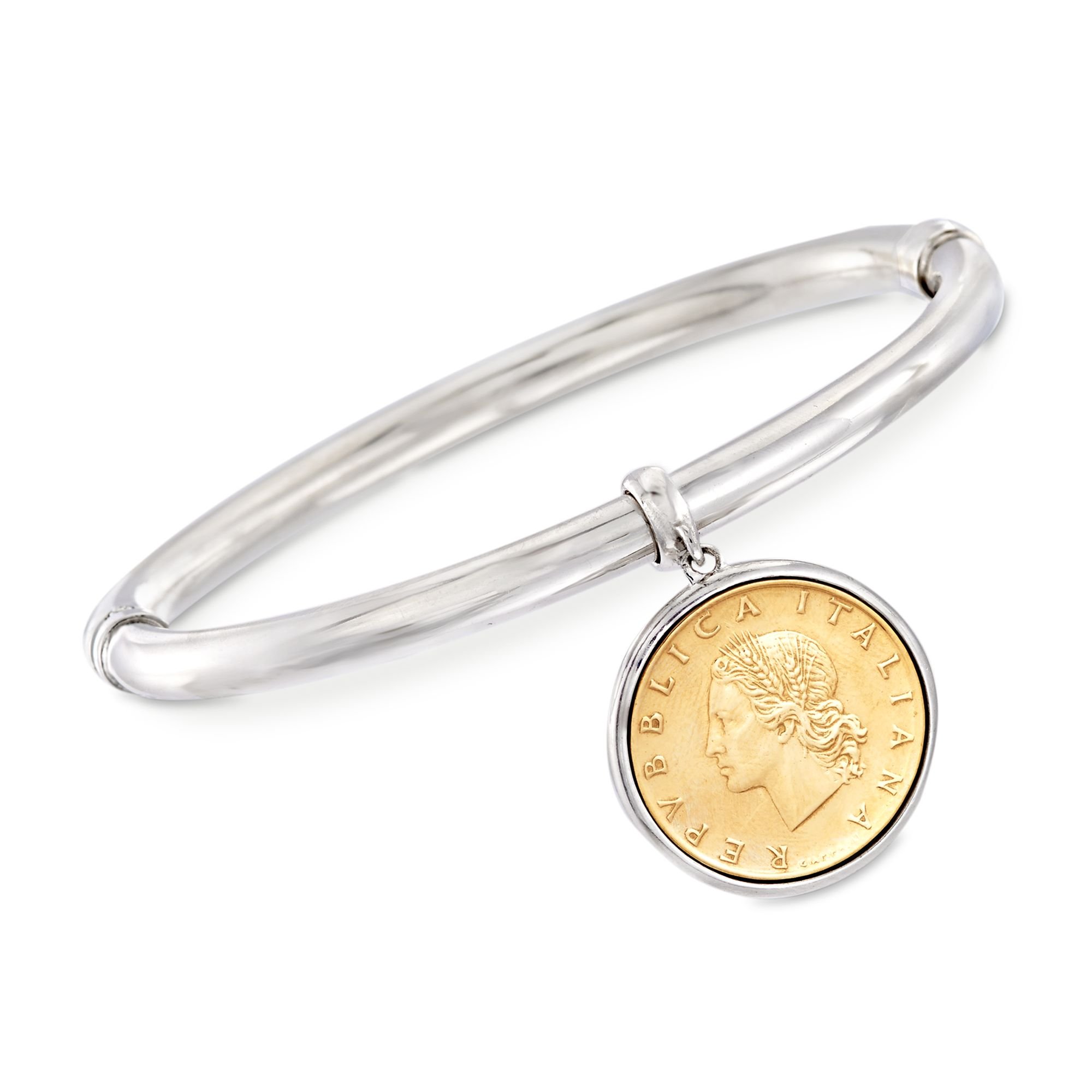 Ross-Simons Italian Genuine Lira Coin Charm Bangle Bracelet in Sterling Silver. 8 inches