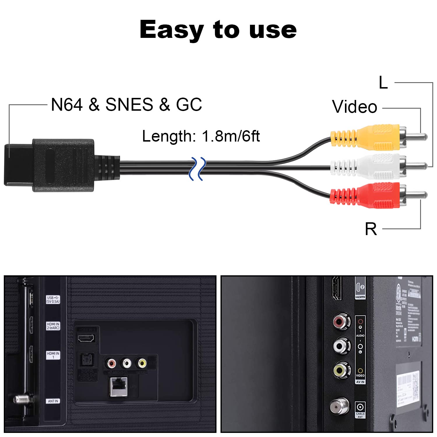 Aokin N64 AV Cable, Audio Video AV Cable Cord for Nintendo 64 N64, Super Nintendo SNES, Gamecube GC, 1.8M/6FT