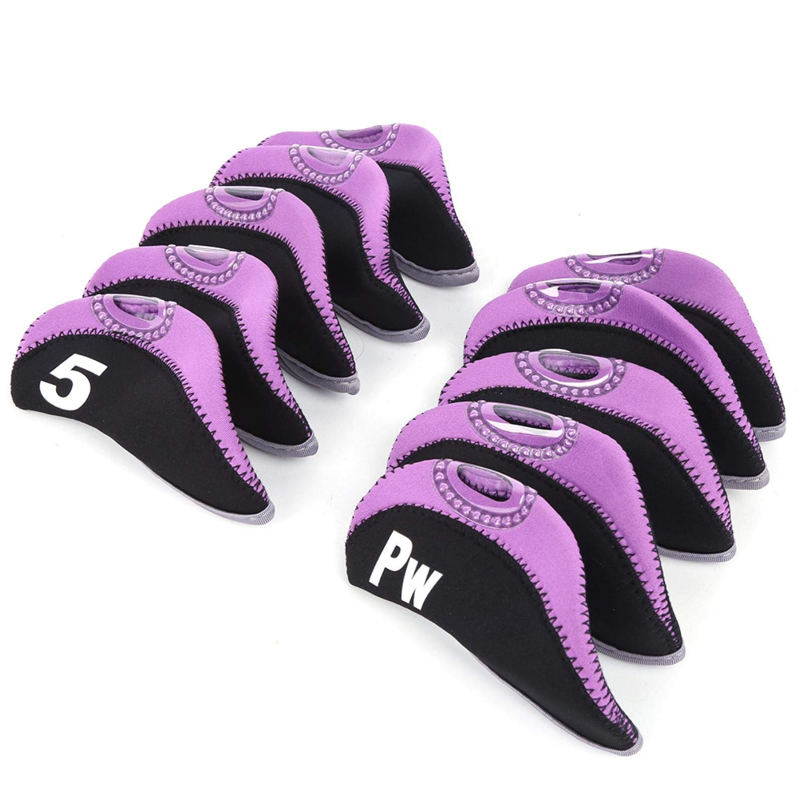 Liukouu Golf Club Iron Head Covers Set, 10Pcs Neoprene Head Cover Black Purple Number Golf Club Irons Covers for Golf Lovers