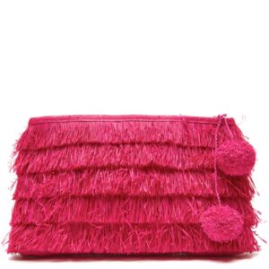 mar y sol sasha fringe raffia clutch w pom poms (pink)