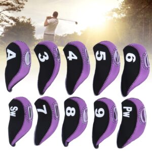 Liukouu Golf Club Iron Head Covers Set, 10Pcs Neoprene Head Cover Black Purple Number Golf Club Irons Covers for Golf Lovers