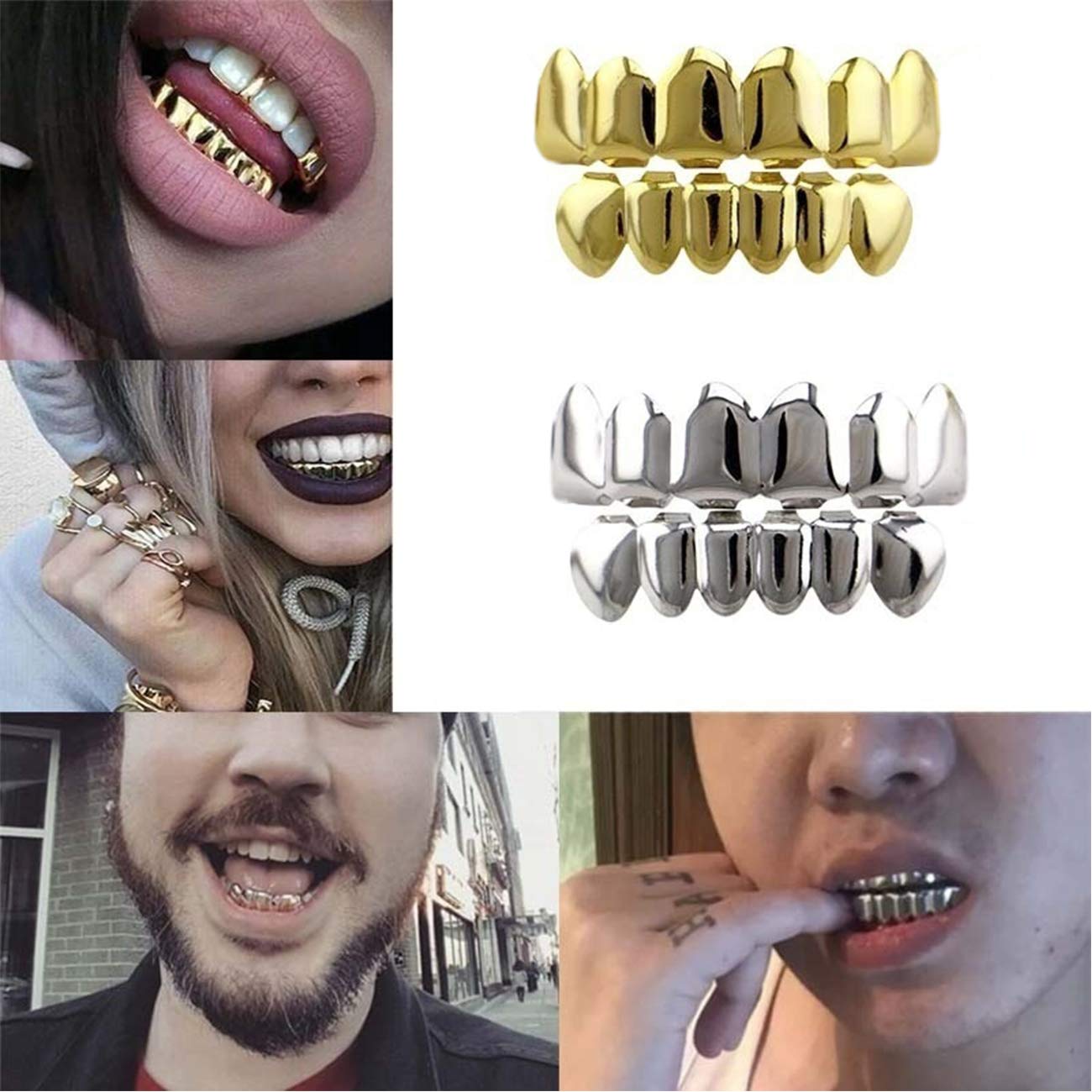 Acfun 24K Gold Plated Hip Hop Teeth Grillz Punk Custom Fit Polished Teeth Grillz Caps Top & Bottom Grill Set with 2 Silicon Molding Bars Removable Grills for Women Men Gift Halloween Party (Gold)