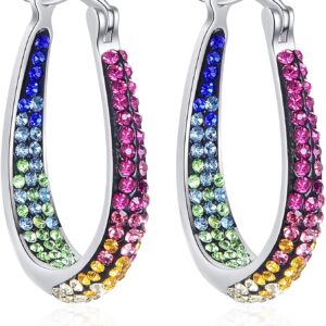 Savlano 14K White Gold Plated Inside Out Crystal Hoop Earrings For Women (Rainbow)