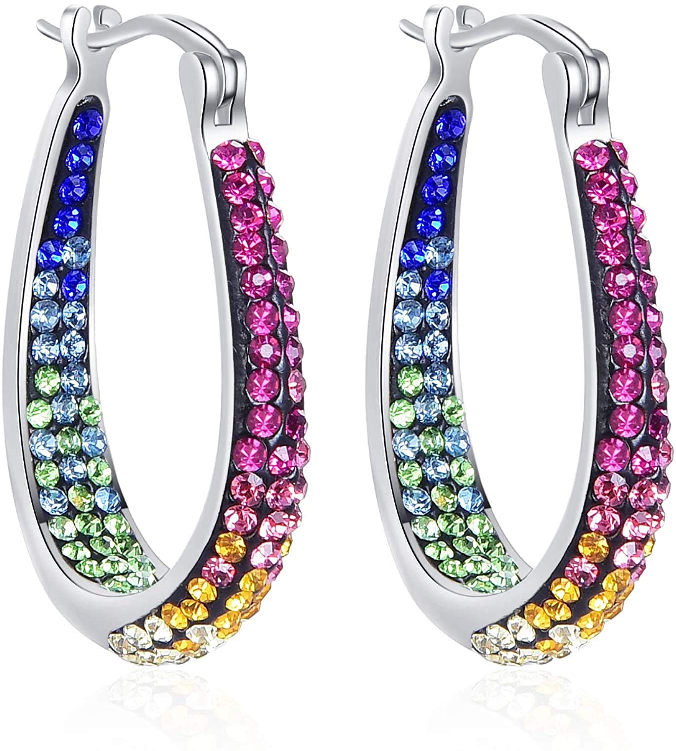 Savlano 14K White Gold Plated Inside Out Crystal Hoop Earrings For Women (Rainbow)