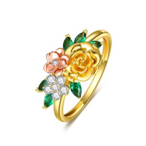 sisgem 10k real gold rose flower leaf charming rings for women,inlaid moissanite three flower attractive ring for valentine day,delicate birthday gift for mom or wife (10k-yellow, 6)