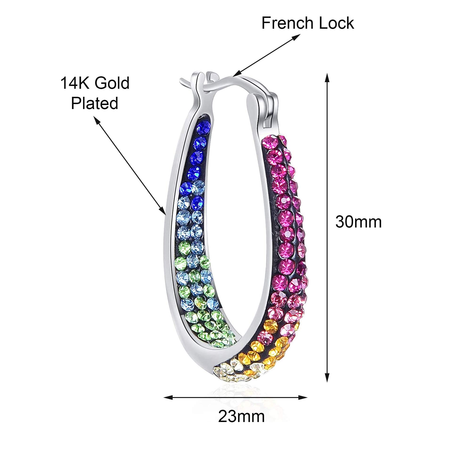 Savlano 14K White Gold Plated Inside Out Crystal Hoop Earrings For Women (Rainbow)