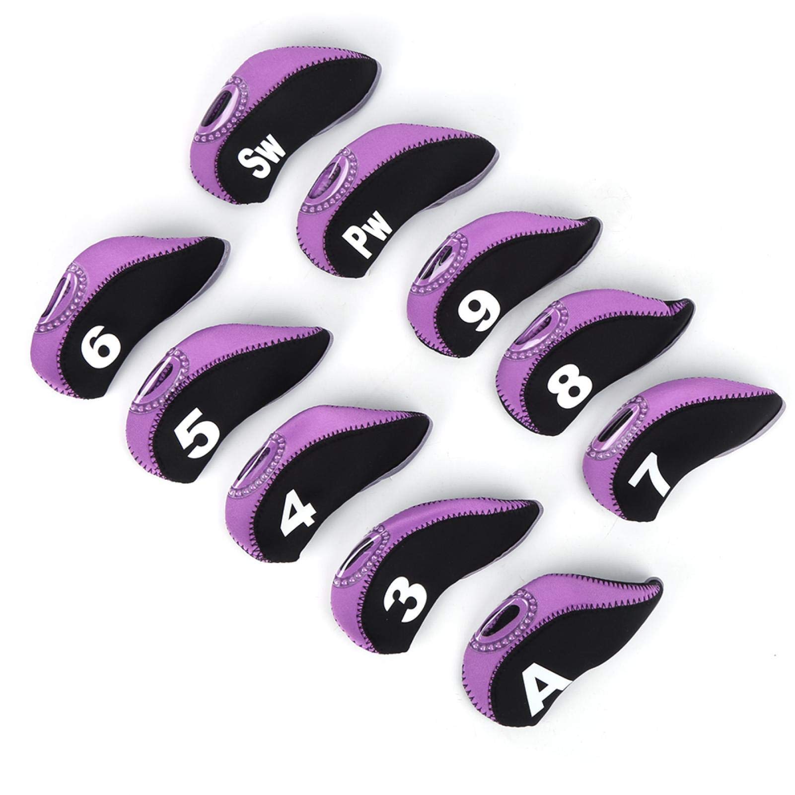 Liukouu Golf Club Iron Head Covers Set, 10Pcs Neoprene Head Cover Black Purple Number Golf Club Irons Covers for Golf Lovers