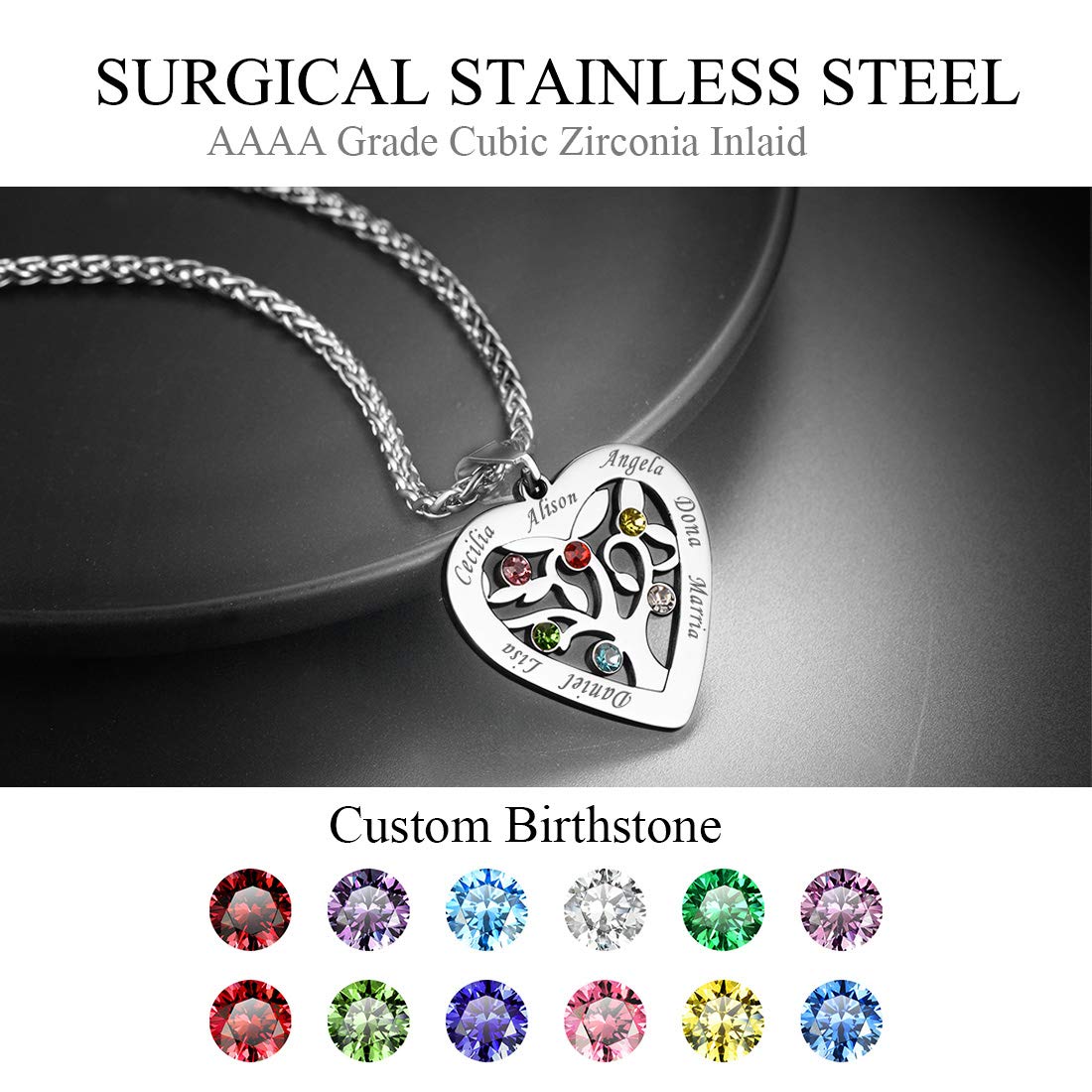 U7 Mothers Necklace Personalized Custom Family Branch Tree Heart Necklace with Crystal Birthstone Stainless Steel Hypoallergenic 2-6 Names Engraved Necklaces for Mom Grandma Wife