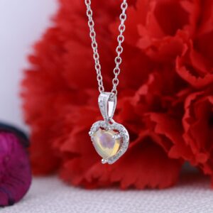 Dazzlingrock Collection Heart Lab Created Opal & Round White Diamond Women Halo Style Heart Shape Pendant in Sterling Silver