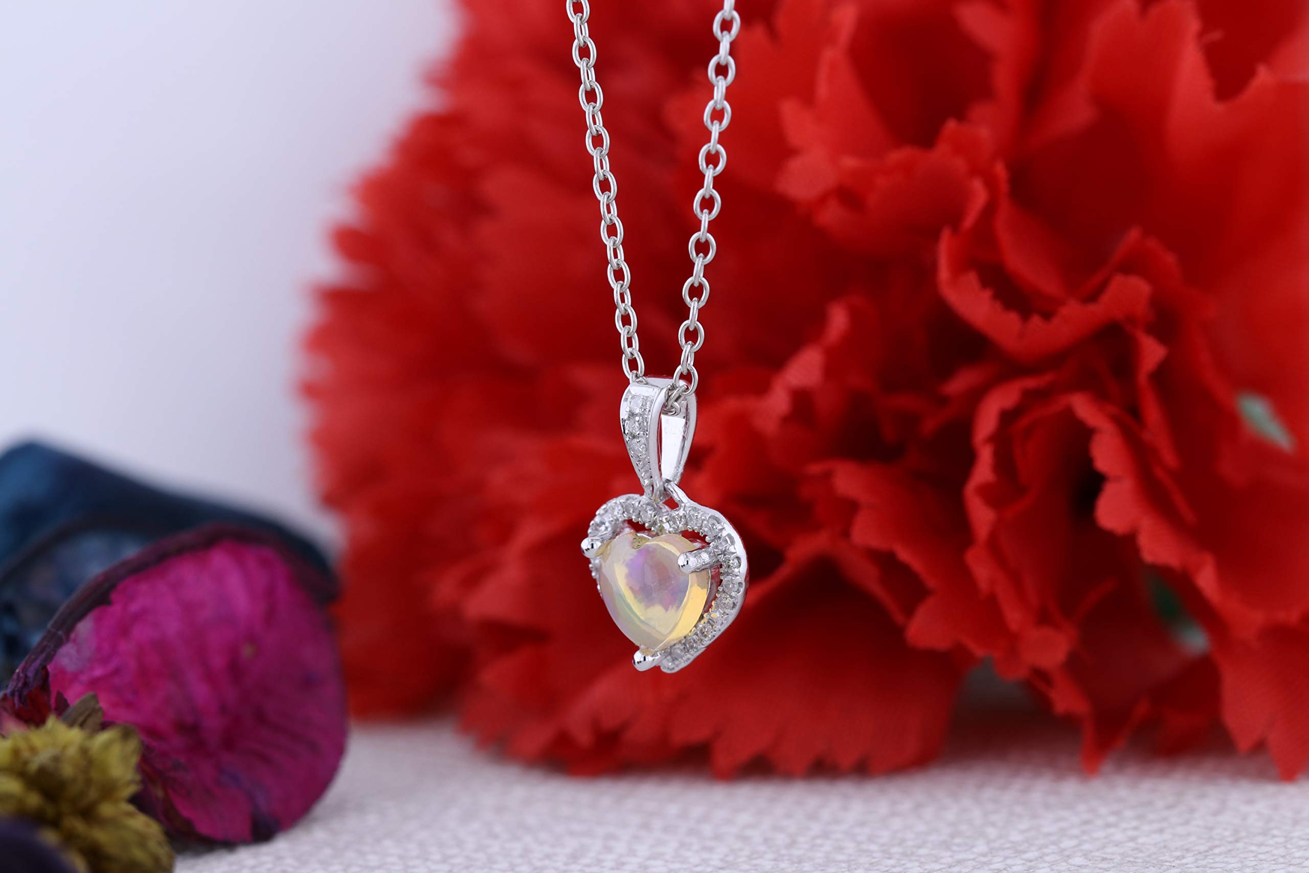 Dazzlingrock Collection Heart Lab Created Opal & Round White Diamond Women Halo Style Heart Shape Pendant in Sterling Silver