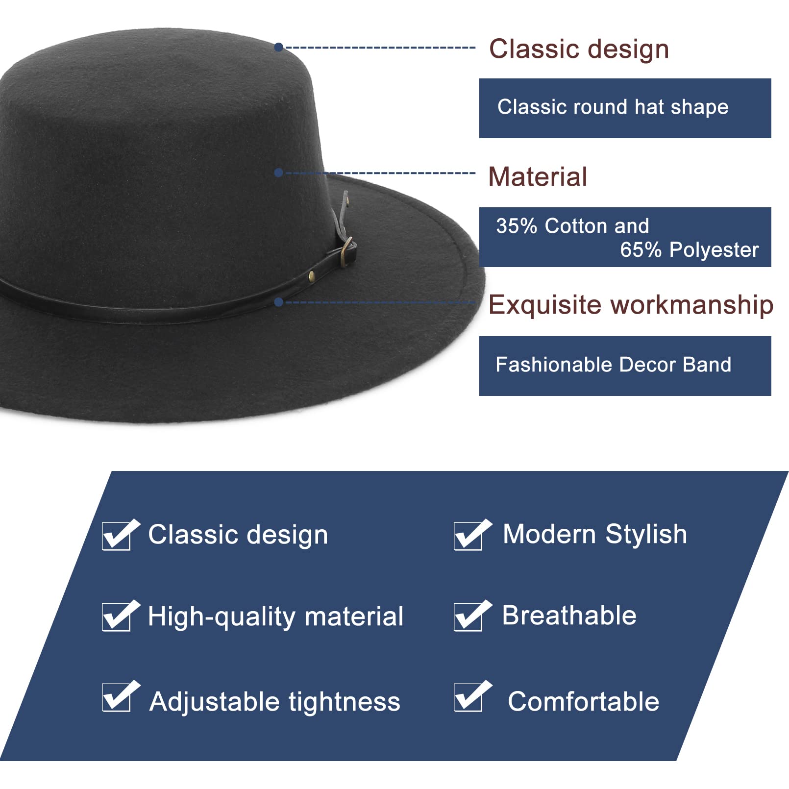 EOZY Women Men Classic Felt Fedora Hat Wide Brim Flat Top Jazz Panama Hat Casual Party Church Hat