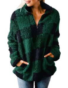 merokeety women's plaid sherpa fleece zip sweatshirt long sleeve pullover jacket, green, l