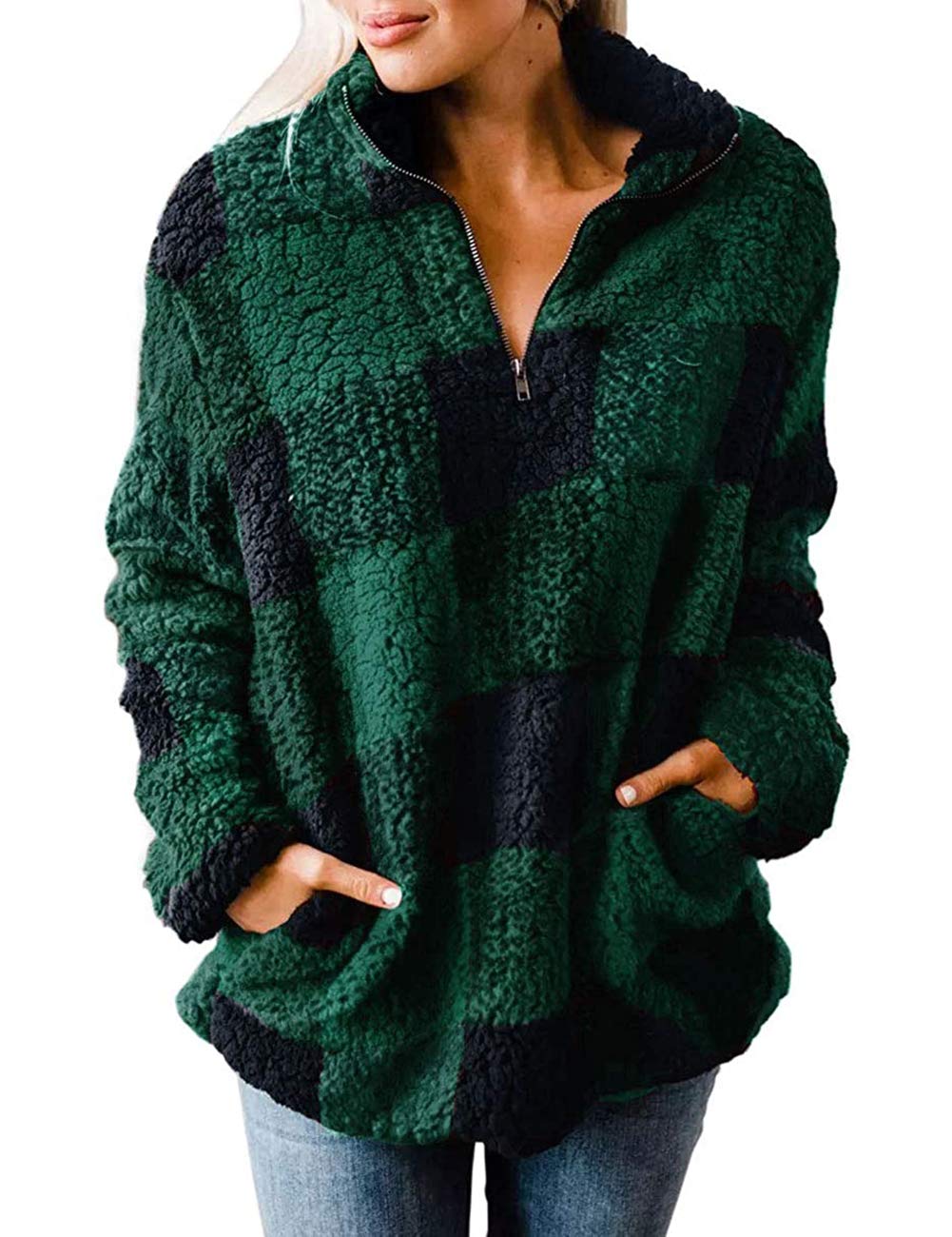 MEROKEETY Women's Plaid Sherpa Fleece Zip Sweatshirt Long Sleeve Pullover Jacket, Green, L