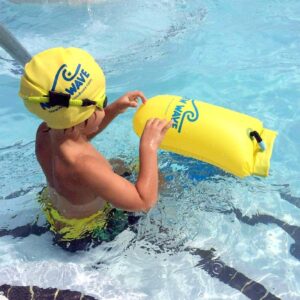 New Wave Swim Buoy & New Wave Swim Cap Bundle - Swim Safety Float and Drybag for Open Water Swimmers Triathletes, Open Water Swim Buoy Float for Safer Swim (PVC 15L Drybag Yellow + Silicone Cap)