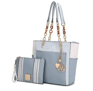 mkf 2-pc set, tote bag for women & pouch purse: pu leather handbag pocketbook, top-handle shoulder strap baby blue