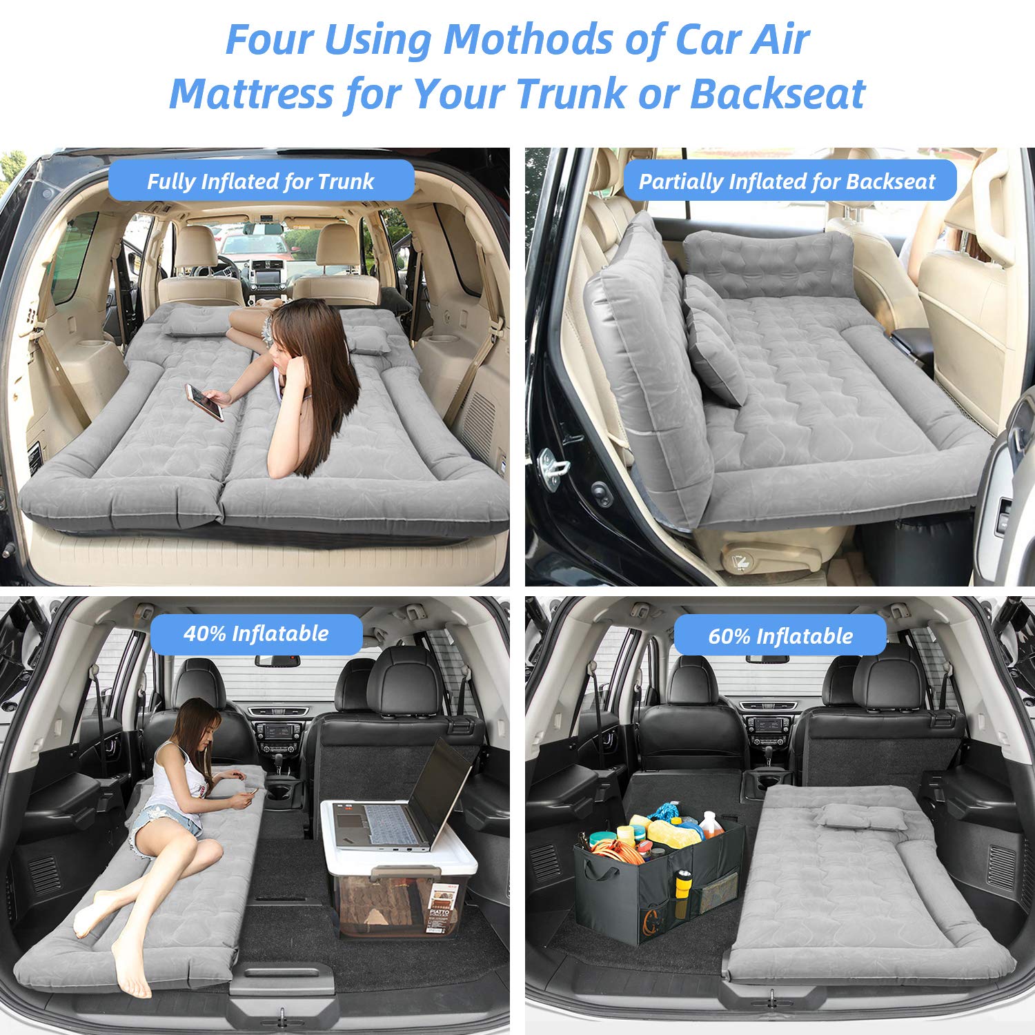 Haomaomao SUV Air Mattress, Inflatable Car Bed with Electric Pump and Pillow, Flocking Surface, Camping Sleeping Pad for Travel SUV Sedan Back Seat Trunk Tent Chevy Jeep Wrangler Toyota Honda Civic