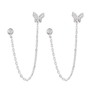 double holes butterfly halo cz small stud cuff wrap tassel chain crawler climer dangle drop earrings for women cartilage s925 sterling silver piercing animal jewelry gifts daughter sister