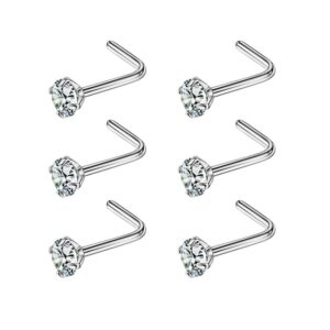 fansing nose studs for women men l shaped nose rings surgical steel nostril piercing jewelry with cubic zirconia end silver 3mm 20 gauge