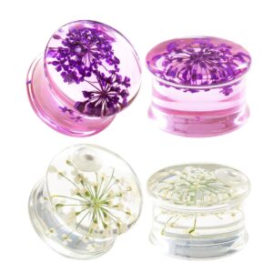 cooear 2 pairs gauges piercing saddle plugs, double flared flesh ear tunnels, acrylic flower logo earrings elegant stretchers.