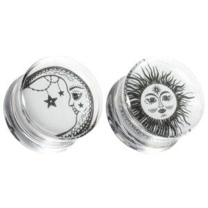 cooear ear gauges piercing saddle plugs, double flared tunnels, acrylic sun and moon logo earrings matched stretchers.