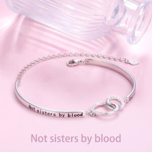 FLYOW 925 Sterling Silver 2 Interlocking Infinity Circles Bracelet with Message Not Sisters By Blood, But Sisters by Heart, Adjustable Sisters Bracelets Friendship Jewelry for Women (Two Circles)