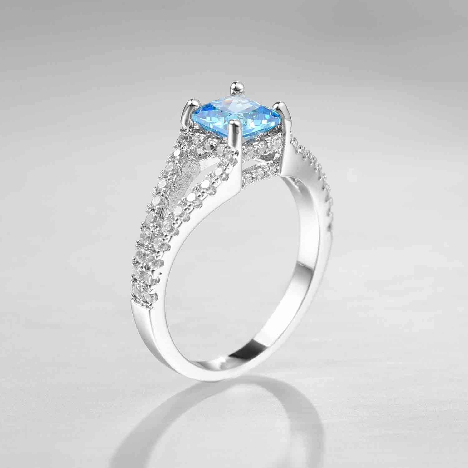 Empsoul 925 Sterling Silver Wedding Ring Princess Cut 6.5x6.5mm Blue Topaz Wedding Engagement Promise Ring Size 6