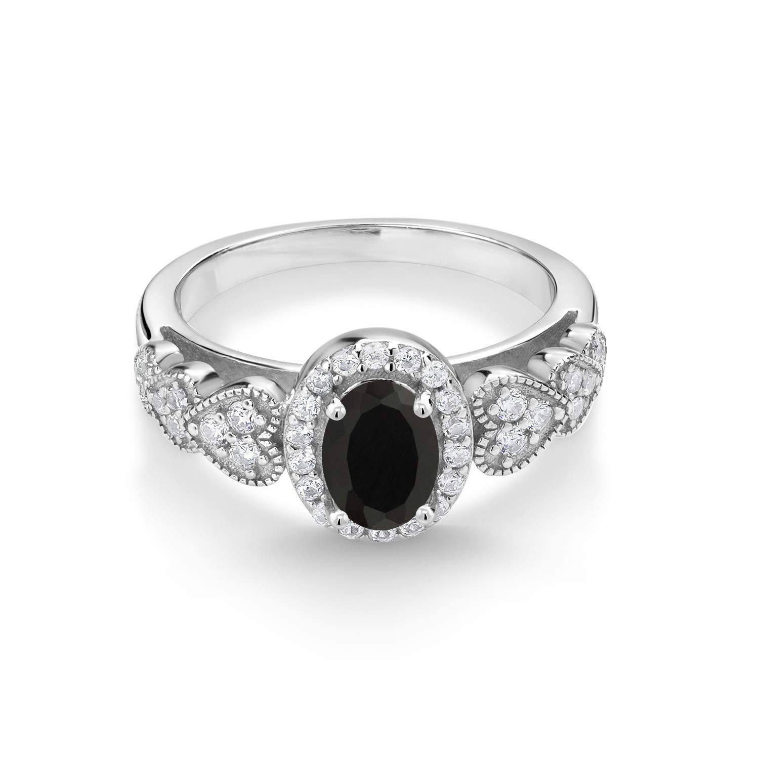 Gem Stone King 925 Sterling Silver Black Onyx Engagement Ring For Women (1.13 Cttw, Oval 7X5MM, Gemstone Birthstone, Available in size 5, 6, 7, 8, 9)