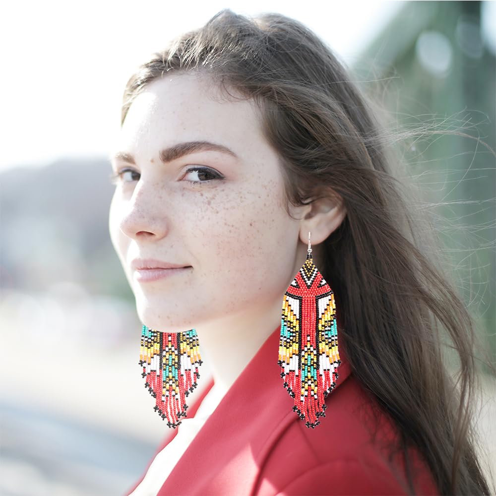 Long Beaded Tassel Earrings – Large Native Bohemian Statement Beaded Fringe Drop Earrings, Big Tribal Boho Seed Bead Chandelier Dangle Earrings for Women Girls (Red Beaded Earrings M)