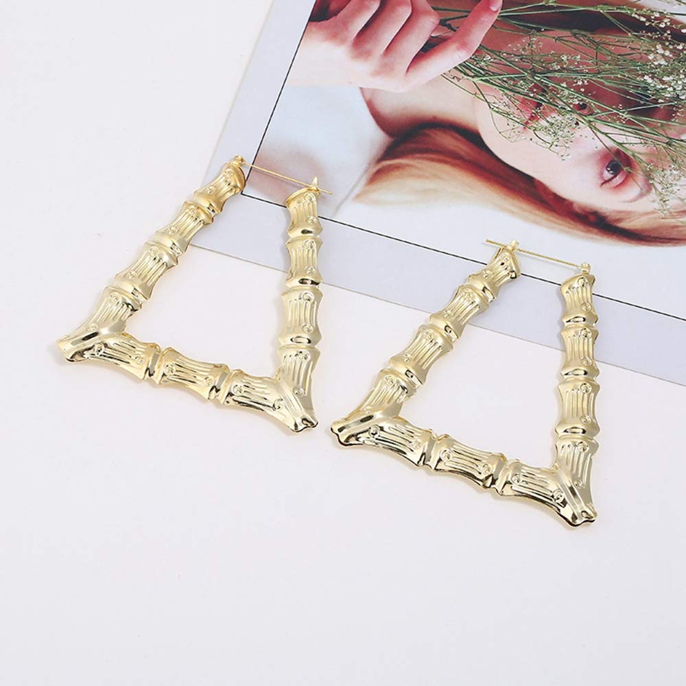 Gold Bamboo Triangle Hollow Hoop Earrings for Women - Big Large Bamboo Hoop Earring (Gold Triangle)