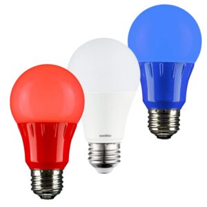 sunlite 41528-su led a19 patriotic colored light bulb, e26 medium base, non-dimmable, eco friendly, ul listed, red white & blue 3 pack