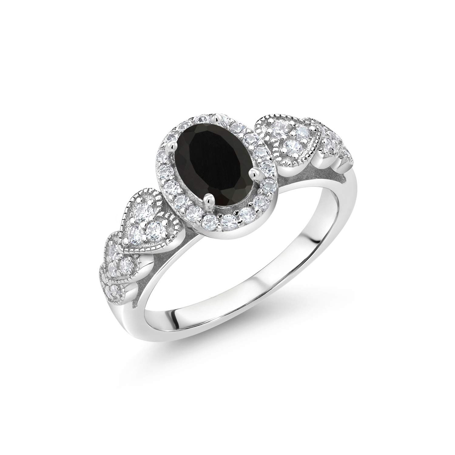 Gem Stone King 925 Sterling Silver Black Onyx Engagement Ring For Women (1.13 Cttw, Oval 7X5MM, Gemstone Birthstone, Available in size 5, 6, 7, 8, 9)