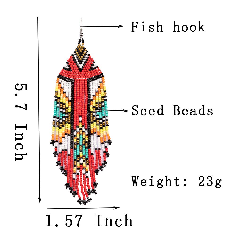 Long Beaded Tassel Earrings – Large Native Bohemian Statement Beaded Fringe Drop Earrings, Big Tribal Boho Seed Bead Chandelier Dangle Earrings for Women Girls (Red Beaded Earrings M)