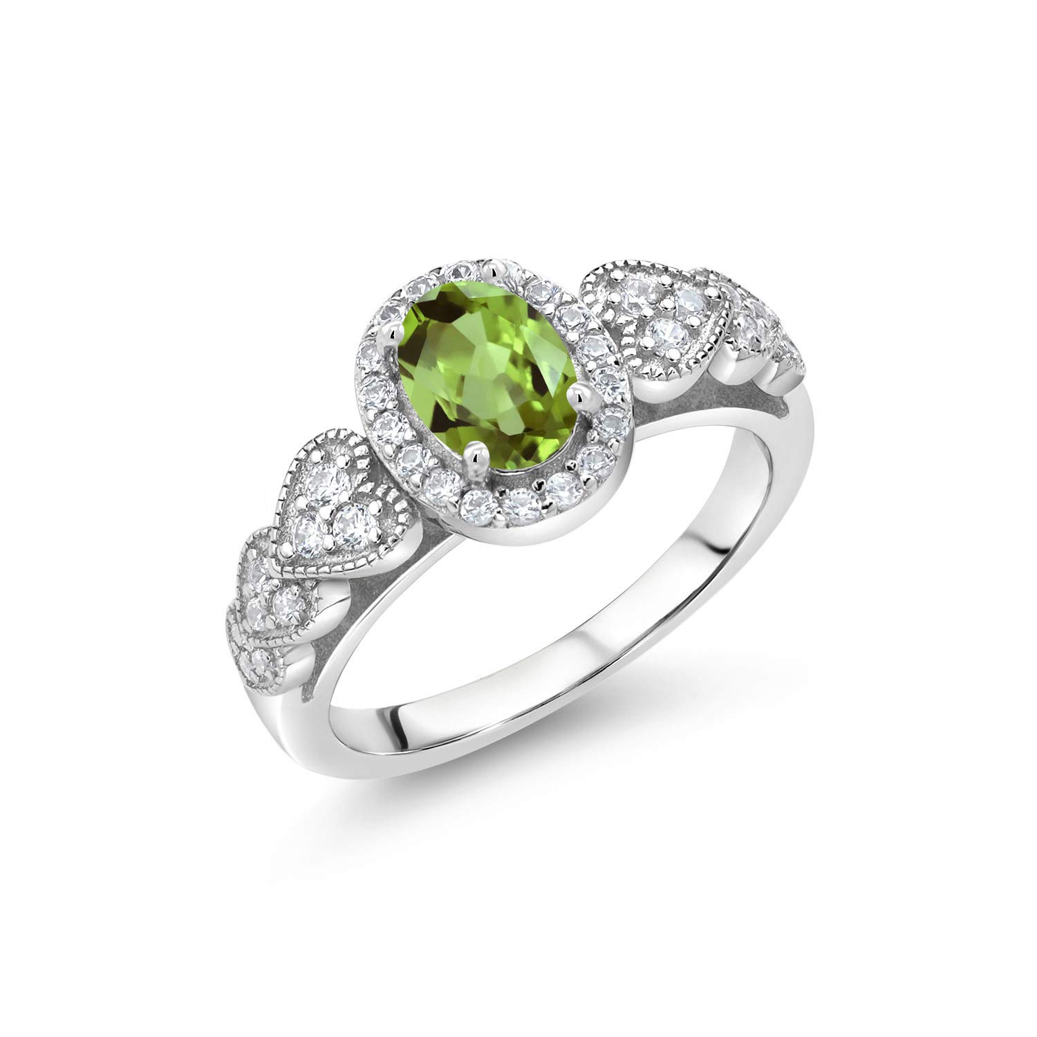 Gem Stone King 925 Sterling Silver Green Peridot Engagement Ring For Women (1.33 Cttw Oval 7X5MM, Gemstone Birthstone Available in size 5, 6, 7, 8, 9)