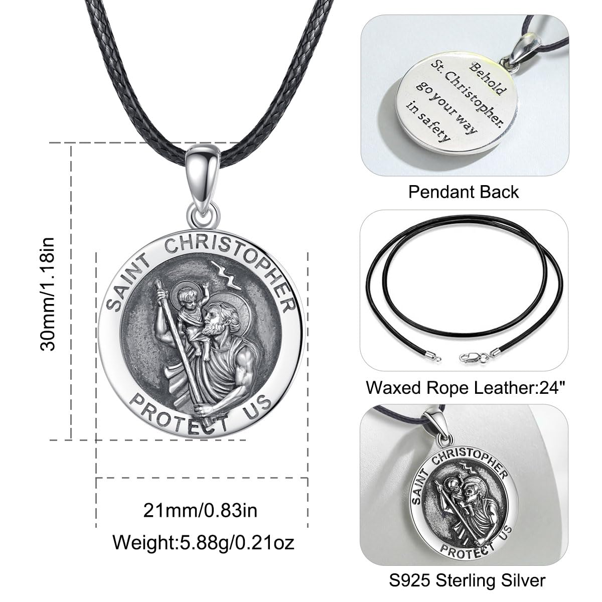 EUDORA Sterling Silver St Christopher Necklace for Man Women, Round Saint Christopher Protect Us Good Luck Spiritual Pendant, 24 inches Black Rope