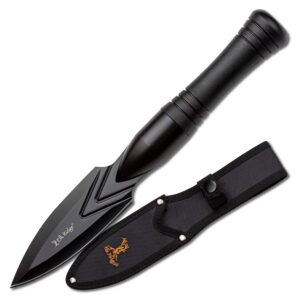 elk ridge - outdoors - spear – spire, black fine edge spear point blade with black injection molded nylon fiber handle with universal thread for broom stick, nylon sheath– spire, er-sp002bk