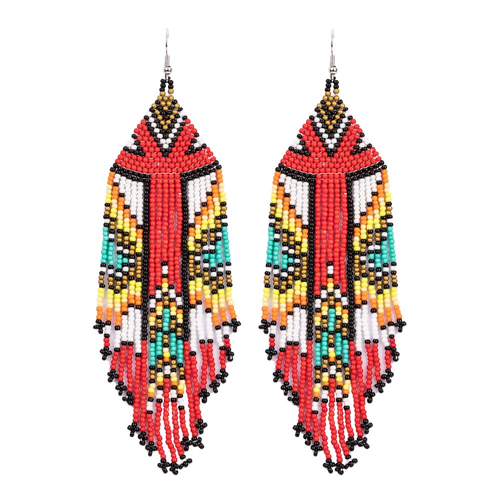 Long Beaded Tassel Earrings – Large Native Bohemian Statement Beaded Fringe Drop Earrings, Big Tribal Boho Seed Bead Chandelier Dangle Earrings for Women Girls (Red Beaded Earrings M)