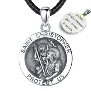 eudora sterling silver st christopher necklace for man women, round saint christopher protect us good luck spiritual pendant, 24 inches black rope