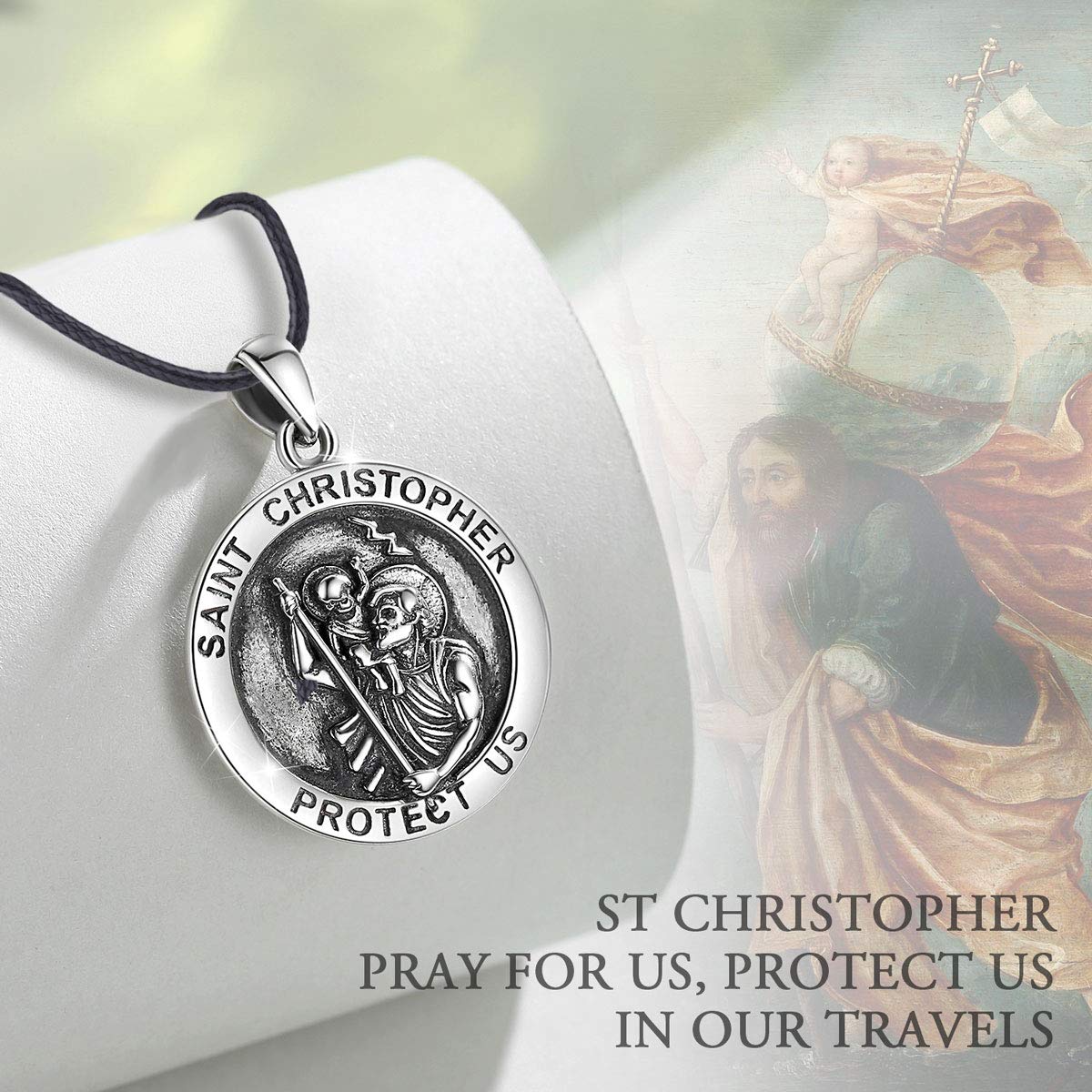 EUDORA Sterling Silver St Christopher Necklace for Man Women, Round Saint Christopher Protect Us Good Luck Spiritual Pendant, 24 inches Black Rope