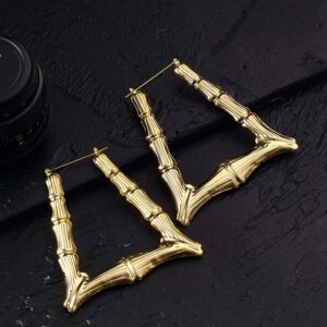 Gold Bamboo Triangle Hollow Hoop Earrings for Women - Big Large Bamboo Hoop Earring (Gold Triangle)