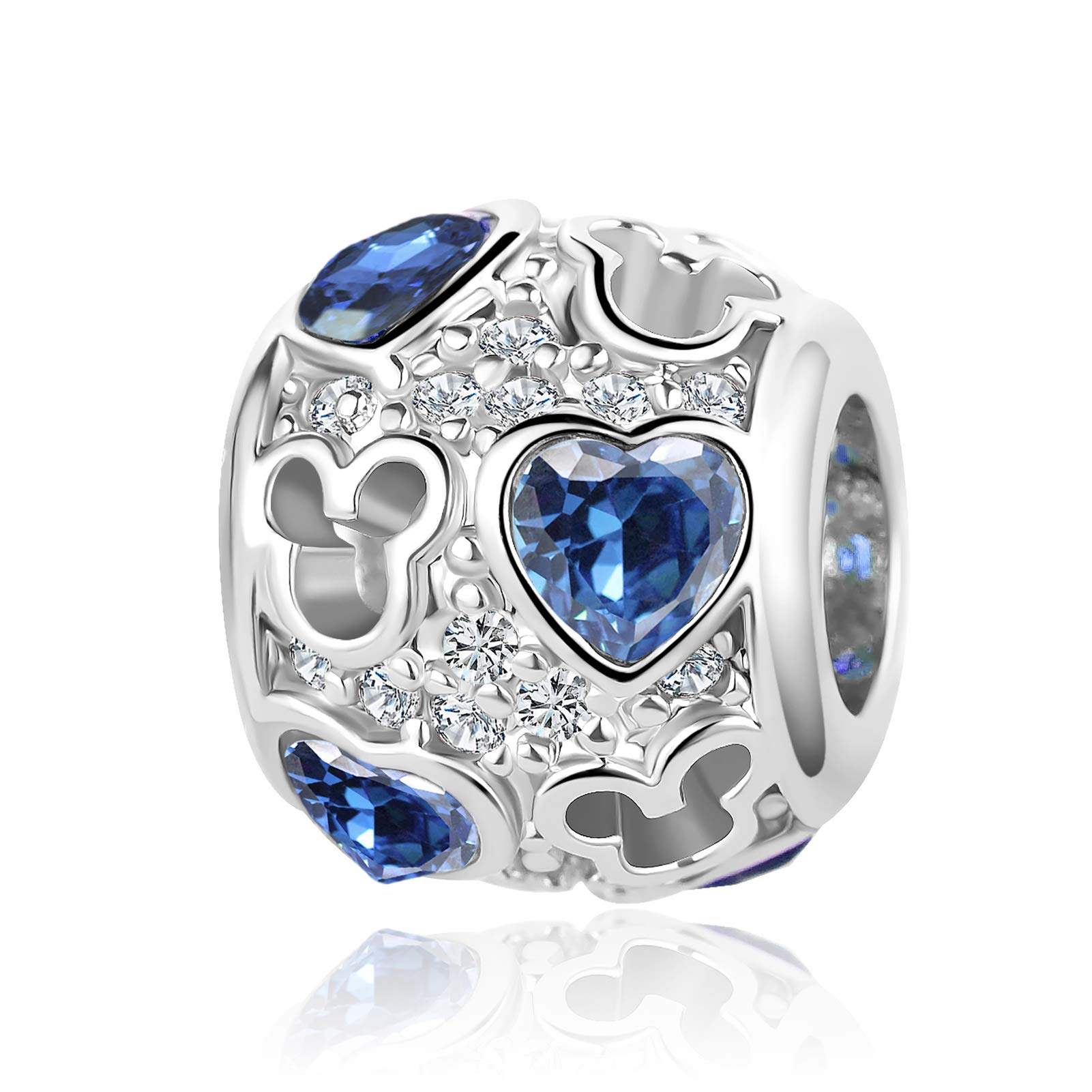 QeenseKc Openwork Mouse Heart Love Round Charm Animal Sparkling Bule CZ Beads for Pandora Bracelet