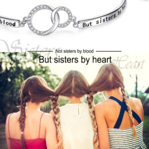 FLYOW 925 Sterling Silver 2 Interlocking Infinity Circles Bracelet with Message Not Sisters By Blood, But Sisters by Heart, Adjustable Sisters Bracelets Friendship Jewelry for Women (Two Circles)