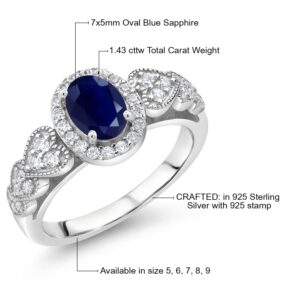 Gem Stone King 925 Sterling Silver Blue Sapphire Engagement Ring For Women (1.43 Cttw, Oval 7X5MM, Gemstone Birthstone Available in size 5, 6, 7, 8, 9)