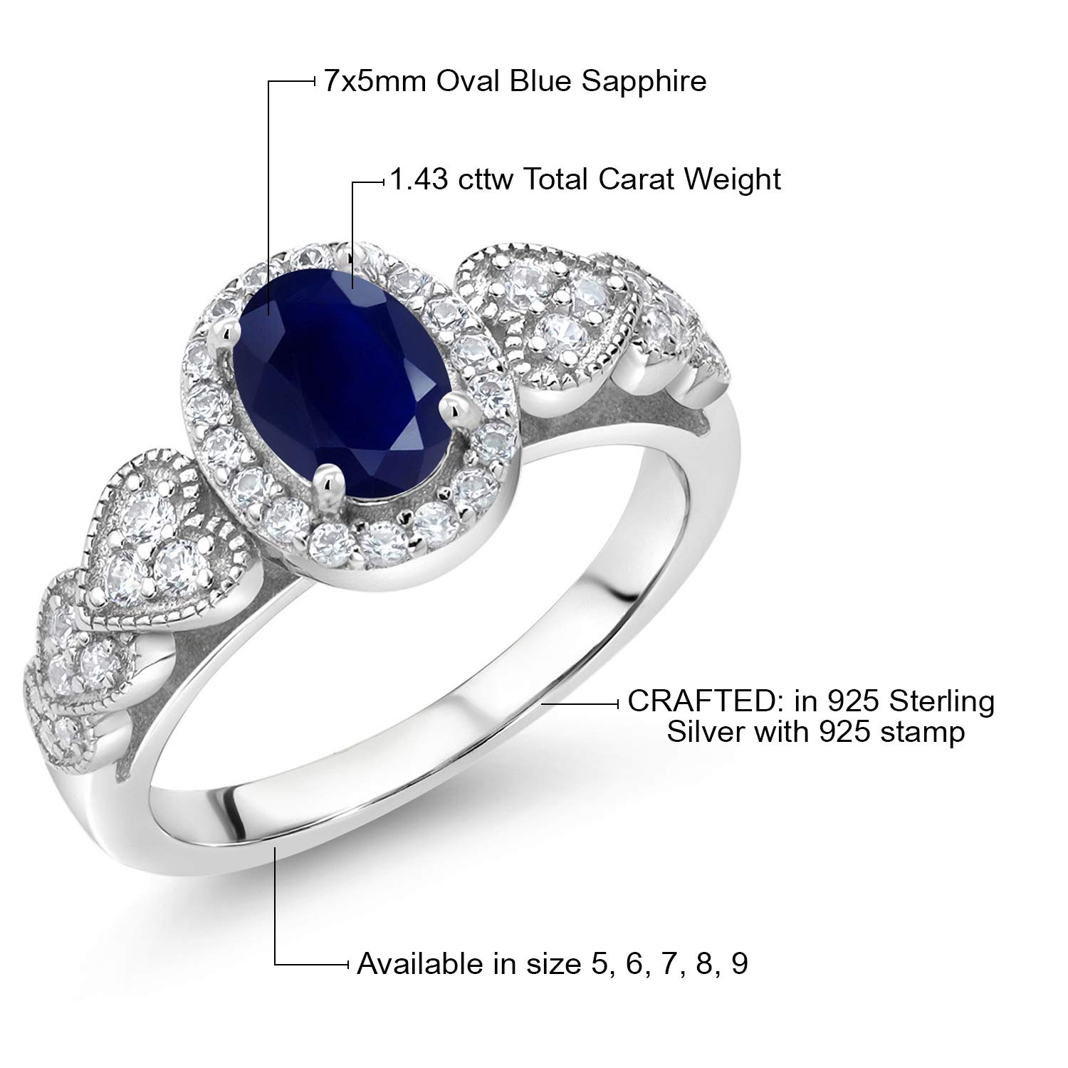 Gem Stone King 925 Sterling Silver Blue Sapphire Engagement Ring For Women (1.43 Cttw, Oval 7X5MM, Gemstone Birthstone Available in size 5, 6, 7, 8, 9)